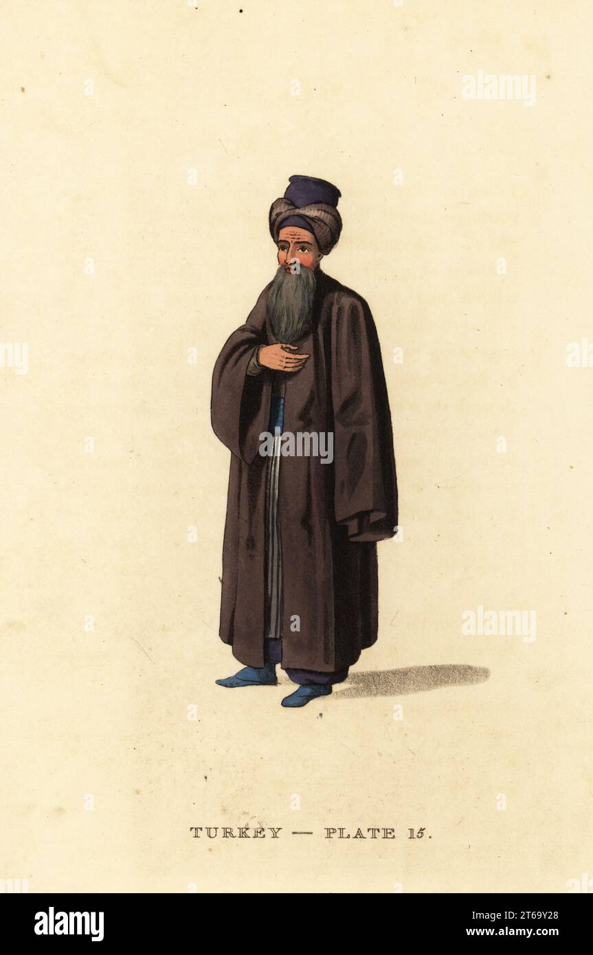 Costume of a Jewish man in Constantinople. He wears a dark turban, long ...