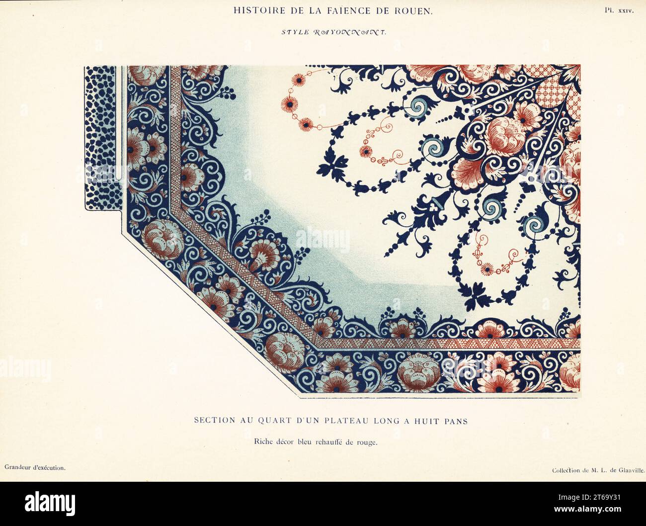 Quarter section of a long blue and red octagonal platter, festoon style ...