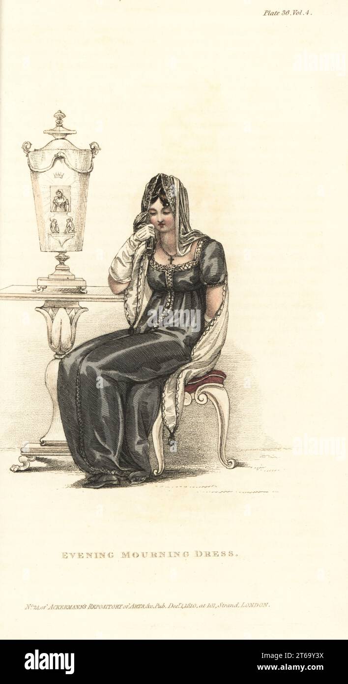 Regency woman in mourning evening dress of black gossamer gauze, demi ...