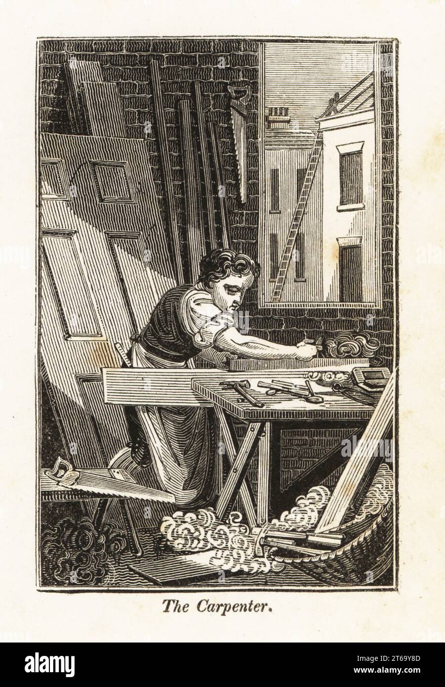 The carpenter planing a plank of wood in a workshop. Hammer and tools ...