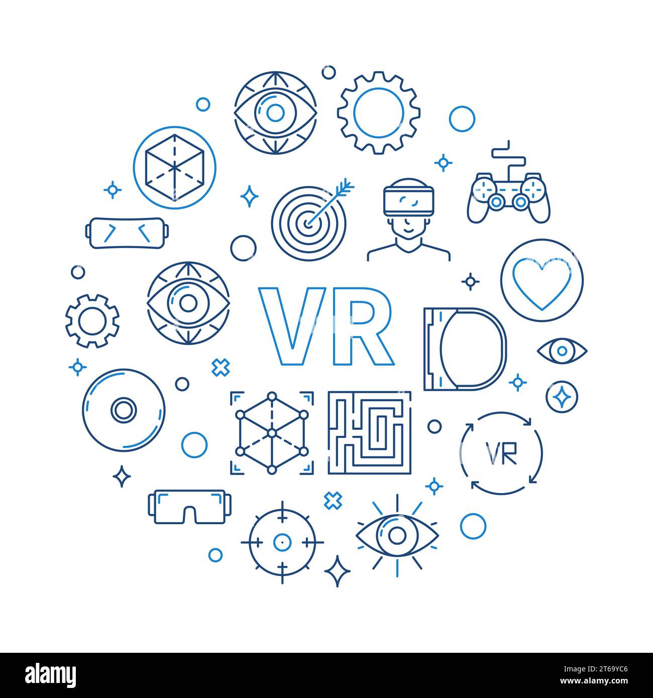 VR - virtual reality round concept vector illustration in outline style ...