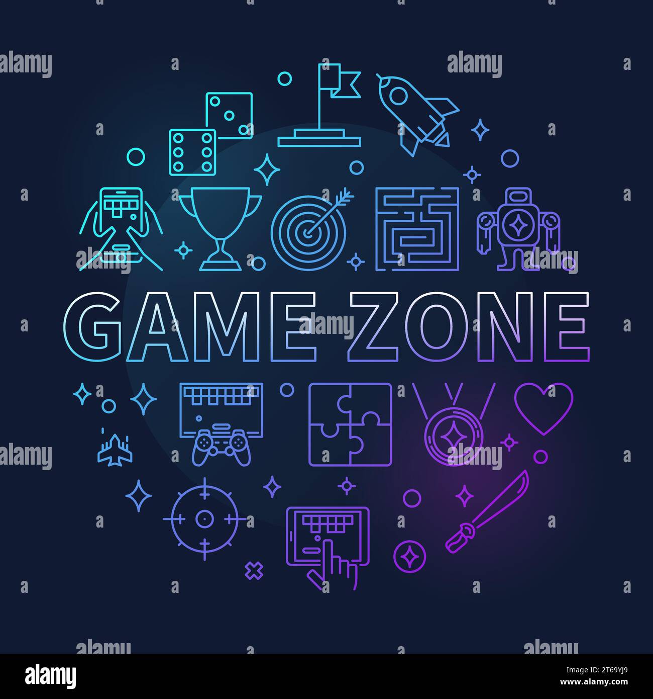 Vector Game Zone concept round colored thin line illustration on dark ...
