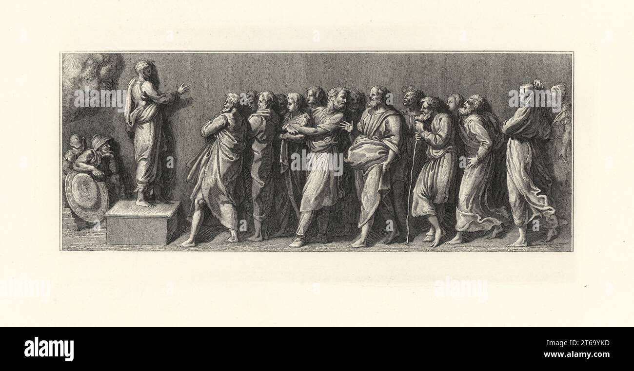 A man in a toga (philosopher?) speaking in front of a crowd. Two ...