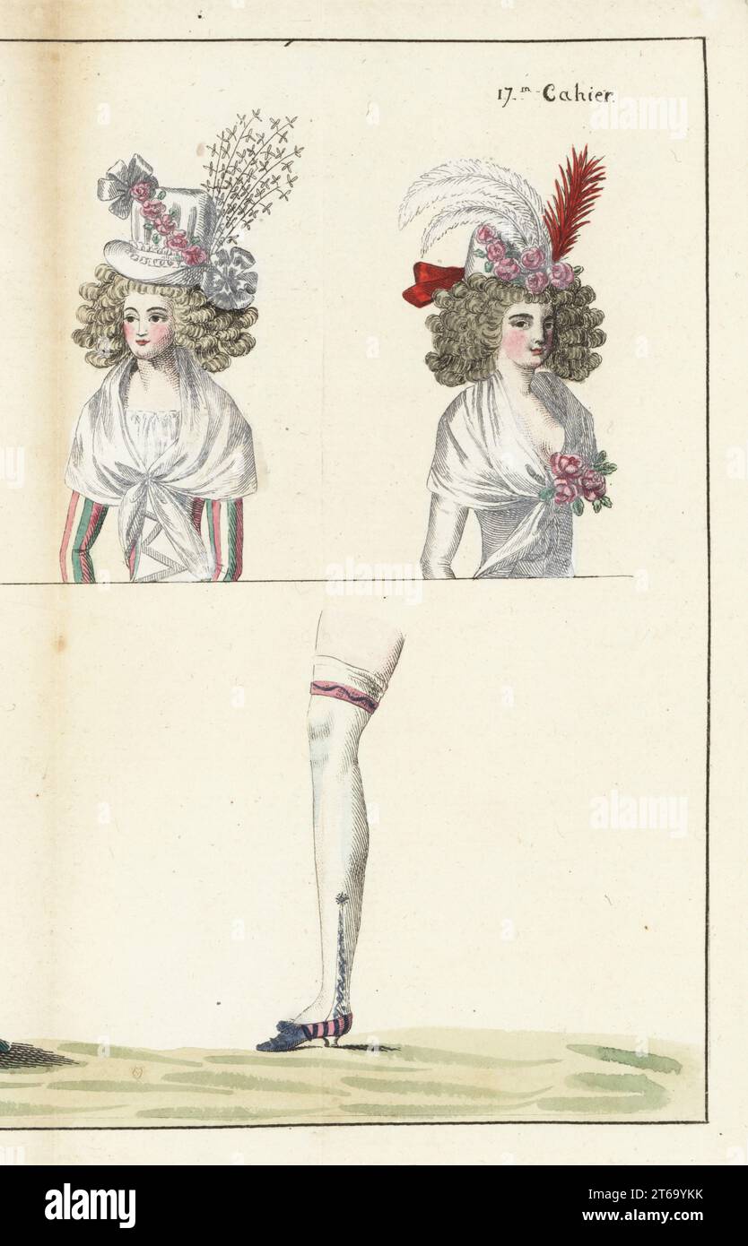 Busts of fashionable women in bonnets and fichu, woman's leg in garter ...