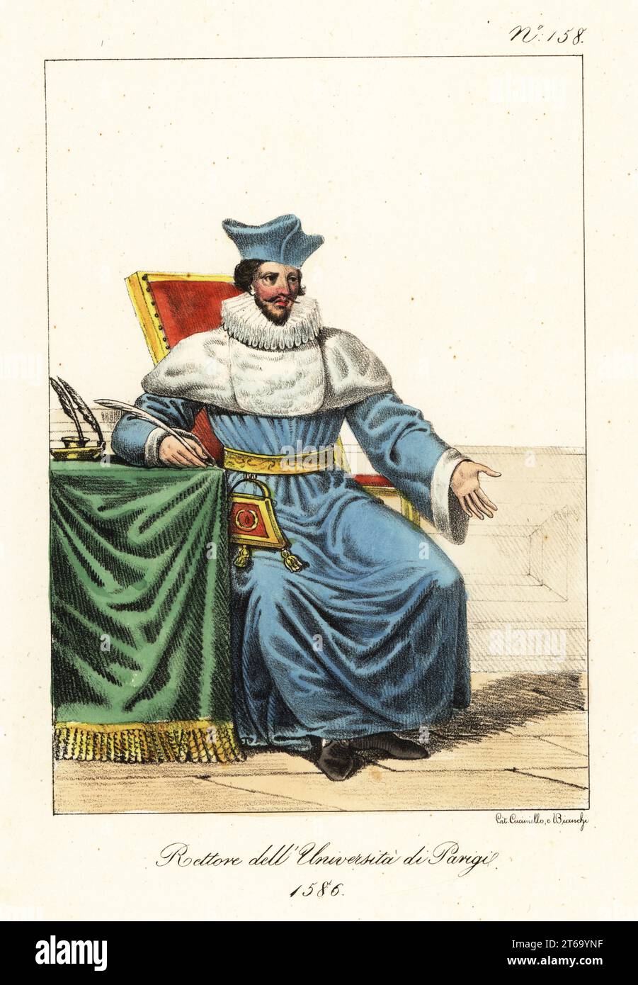 Costume of a Rector at the University of Paris, 1586. In blue cap, ruff ...