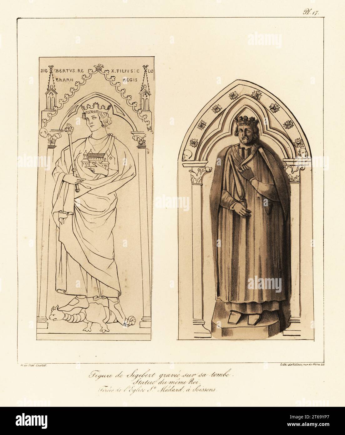 Engraved figure on the tomb of Sigebert, Sigibertus Rex, and statue of ...