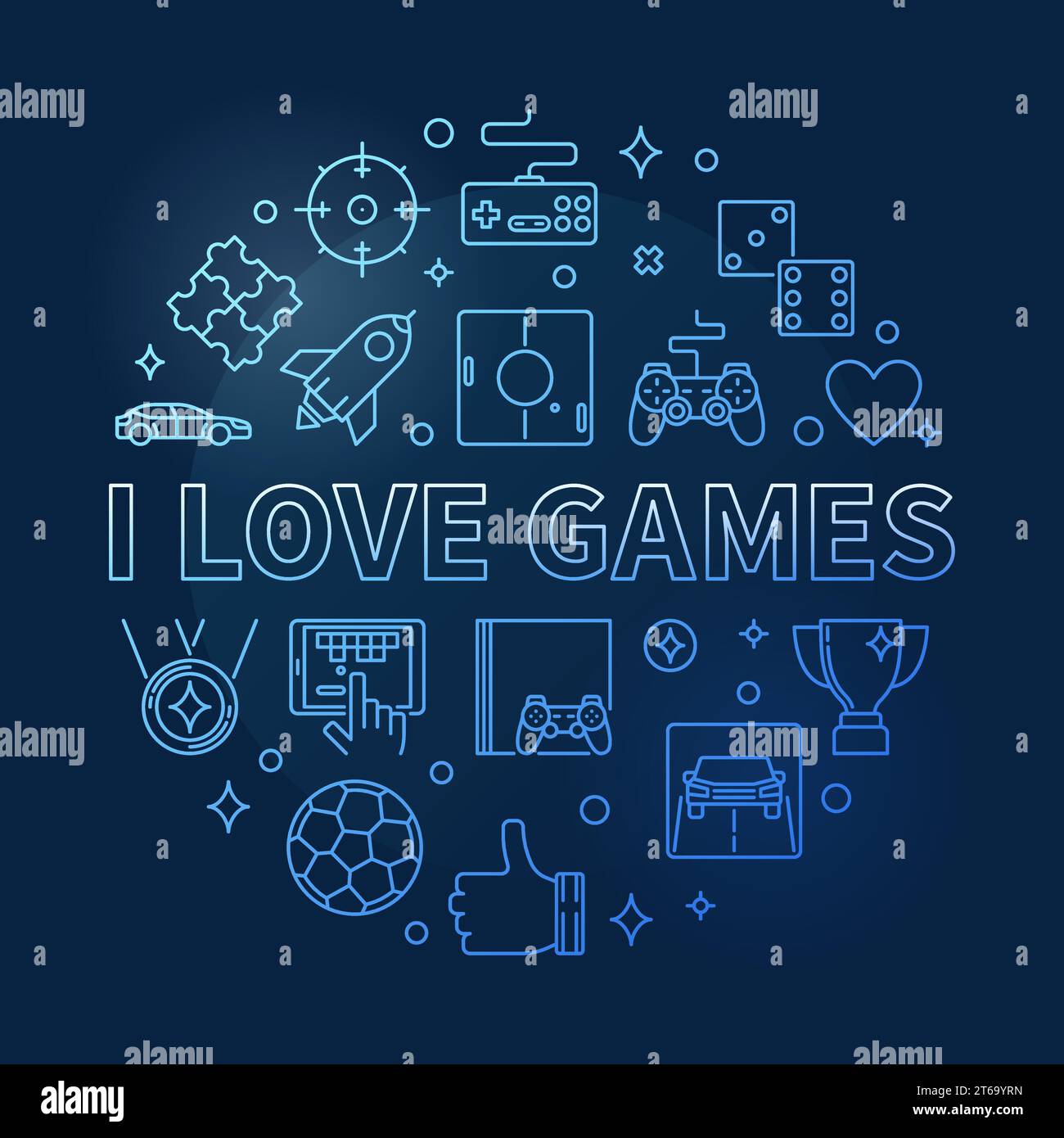 I Love Games vector concept round outline blue illustration on dark ...