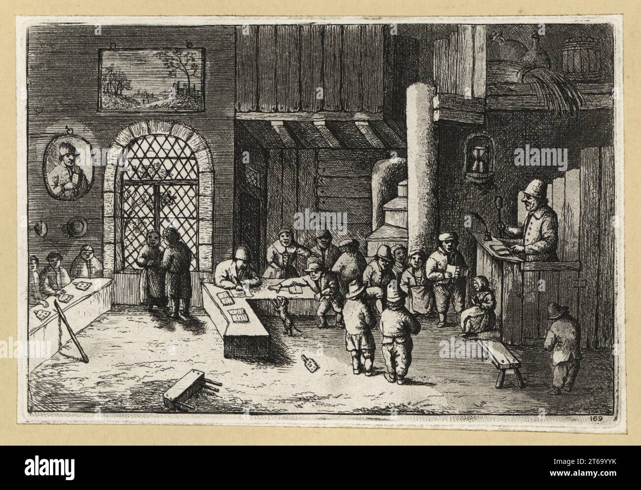 European school scene from the 17th century. Children sit at tables ...