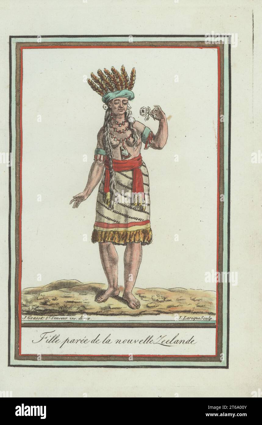 Maori girl in her finery, New Zealand. With feather headdress, flowers ...