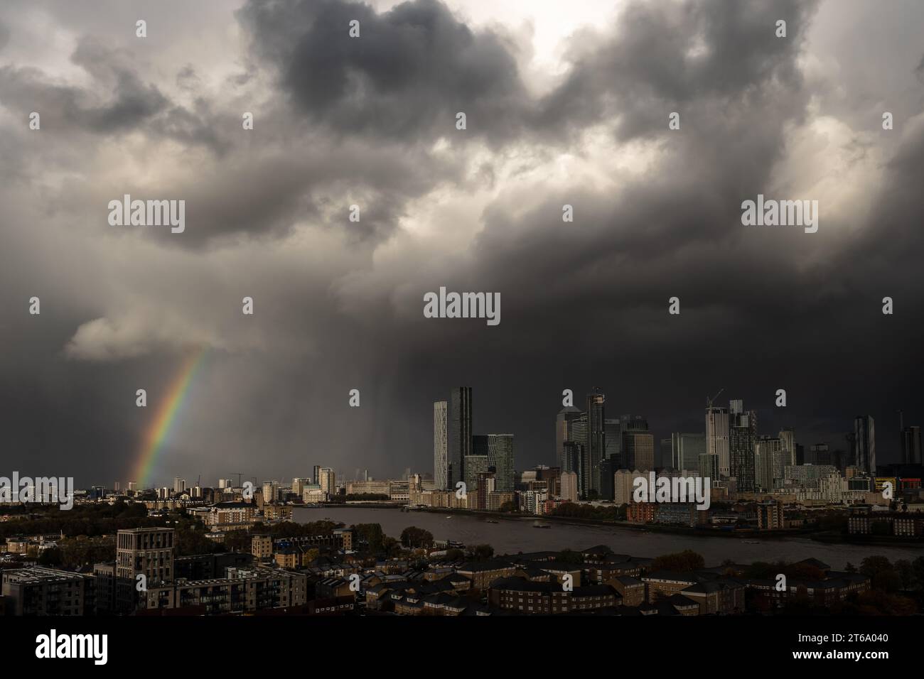 London, UK. 9th November, 2023. UK Weather: A brief rainbow breaks near ...