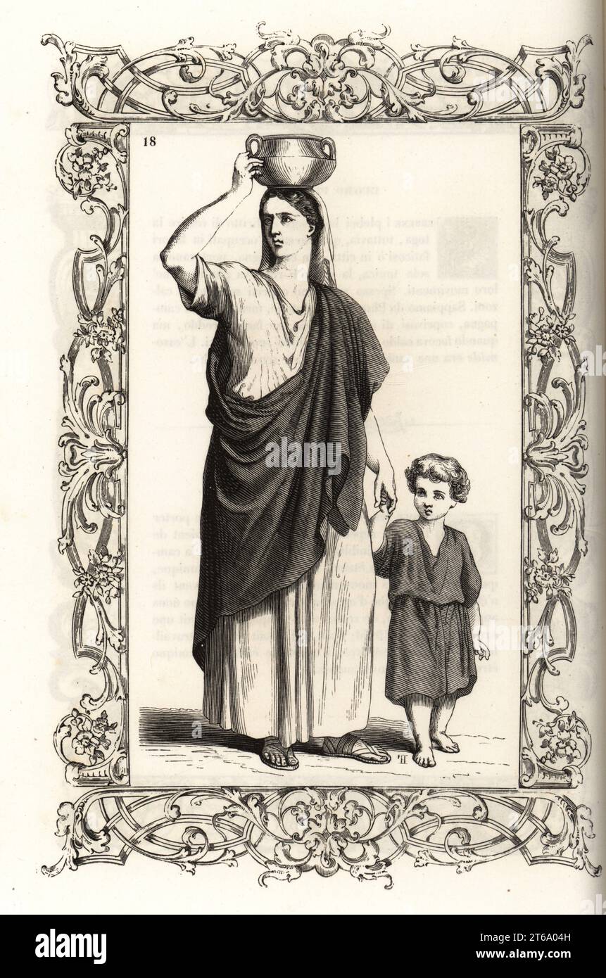 Costume of an ancient Roman plebeian woman. She wears a tunic and cloak ...
