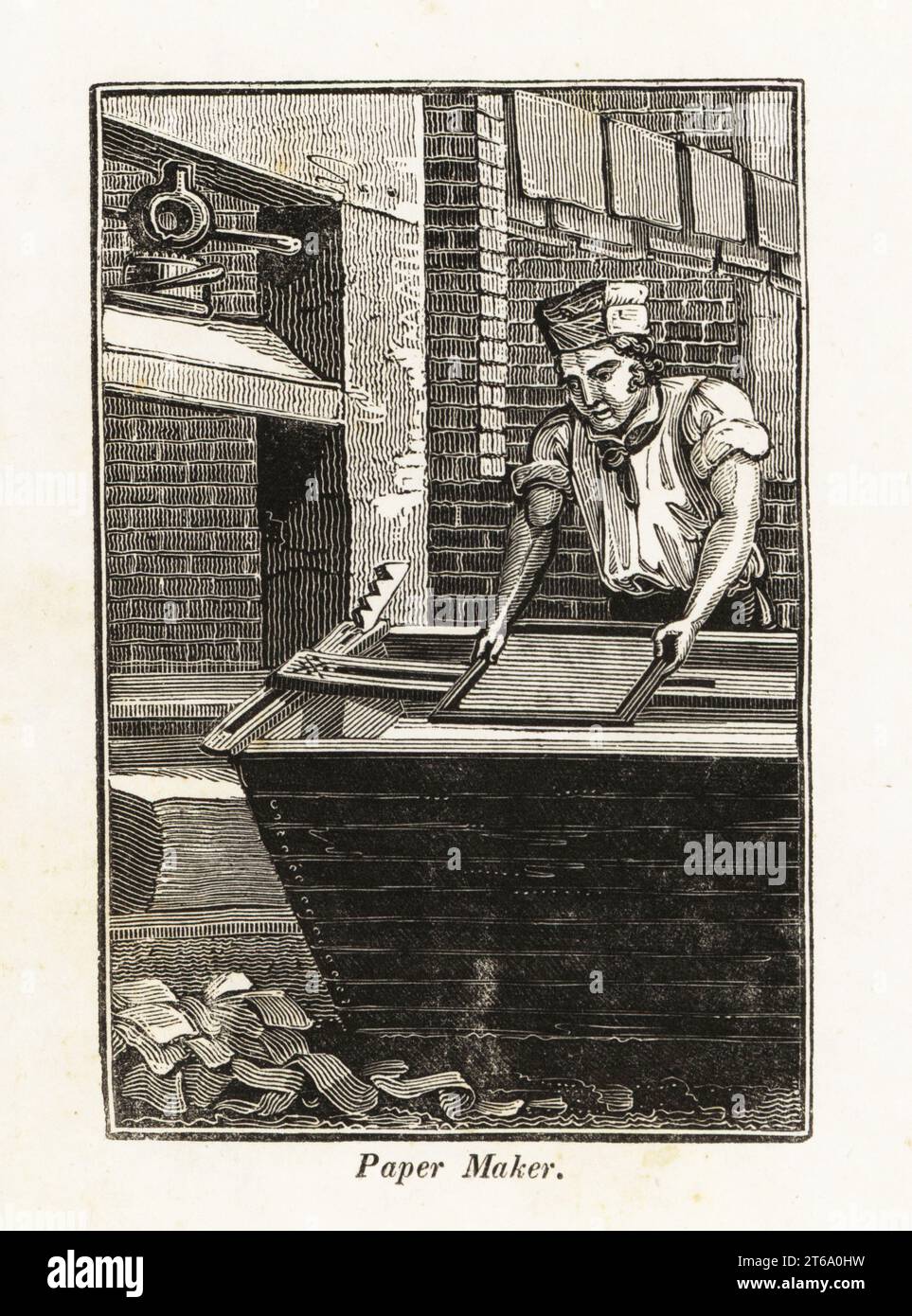 Paper maker in cap using a screen to remove a sheet of paper from a vat ...