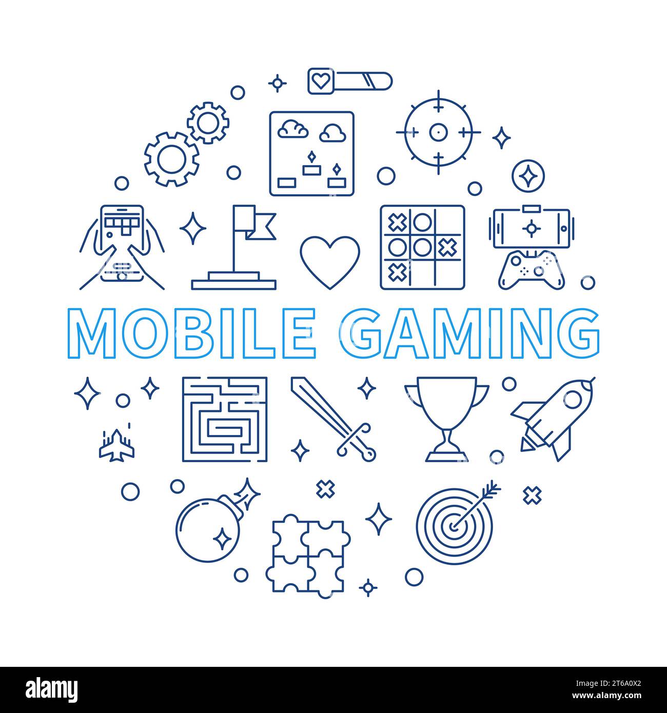 Mobile Gaming vector concept round illustration in outline style Stock ...