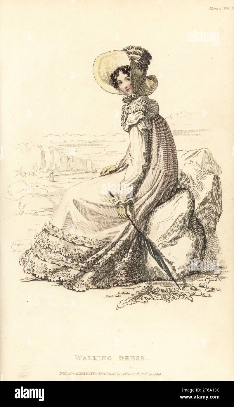 Regency lady in walking dress sitting on a rock on a beach, 1818. Dress ...
