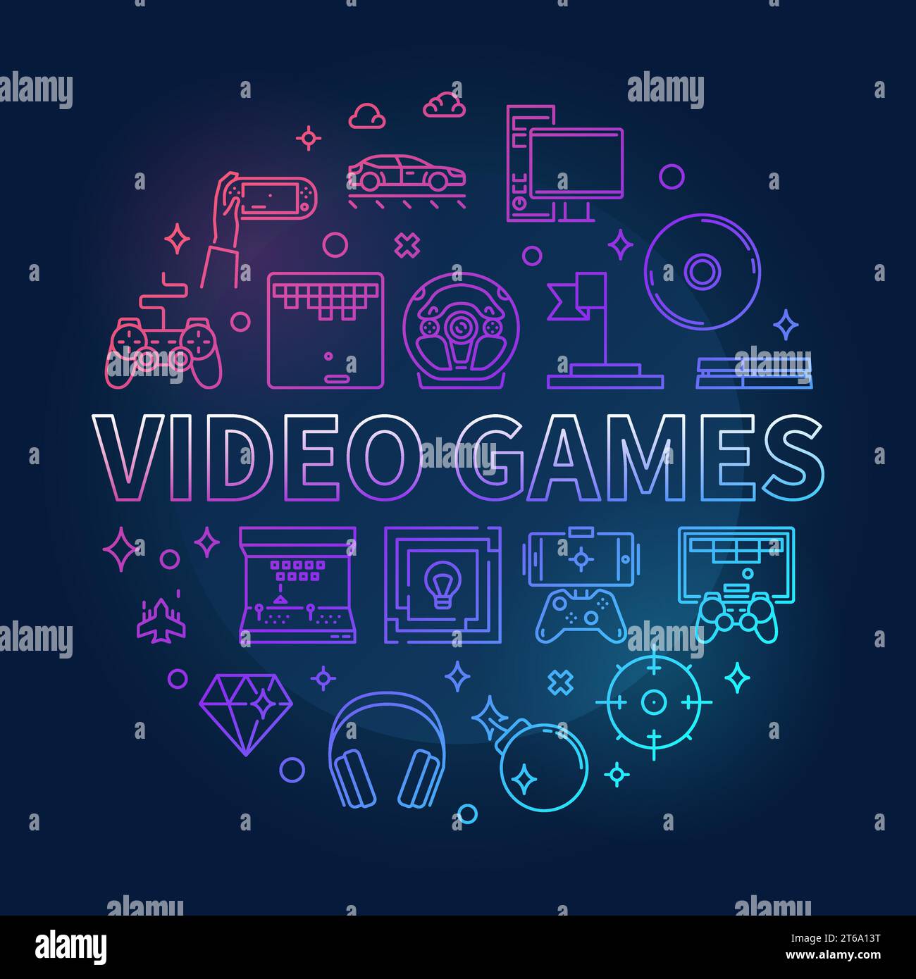 Vector Video Games concept circular colorful linear illustration on ...