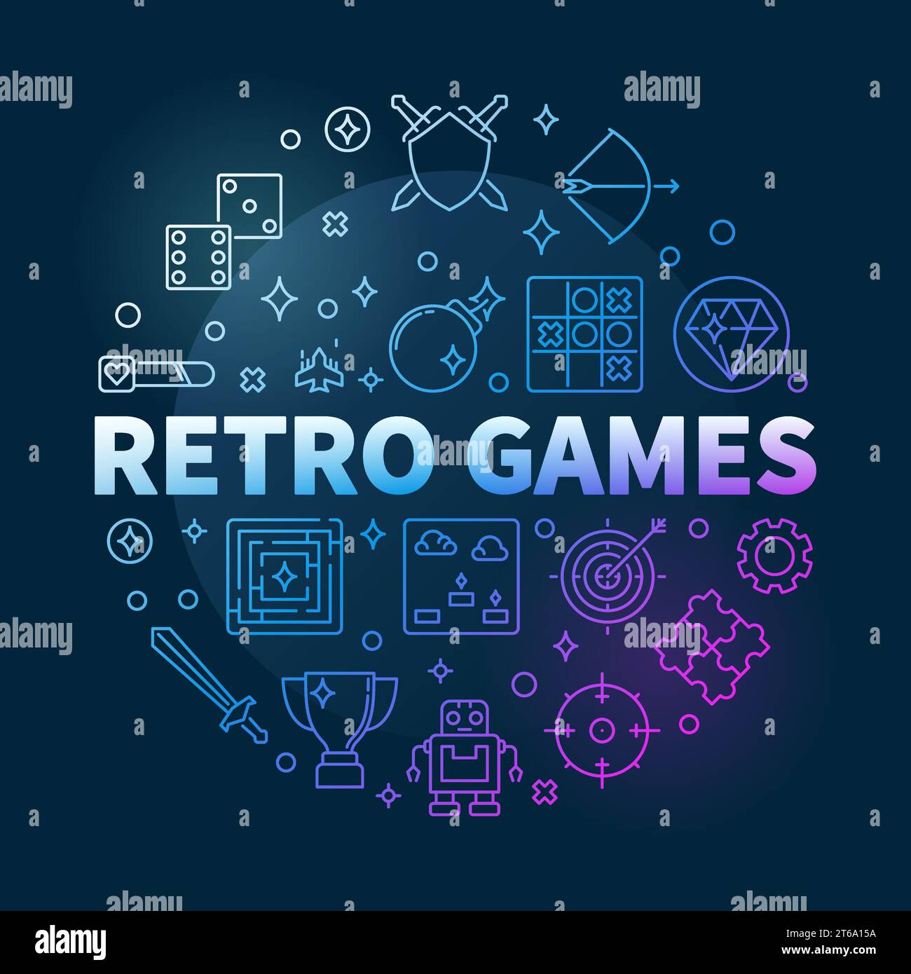 Retro Games vector concept round colored thin line illustration on dark ...