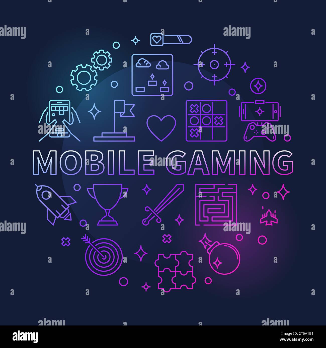 Mobile Gaming vector concept round colorful outline illustration on ...