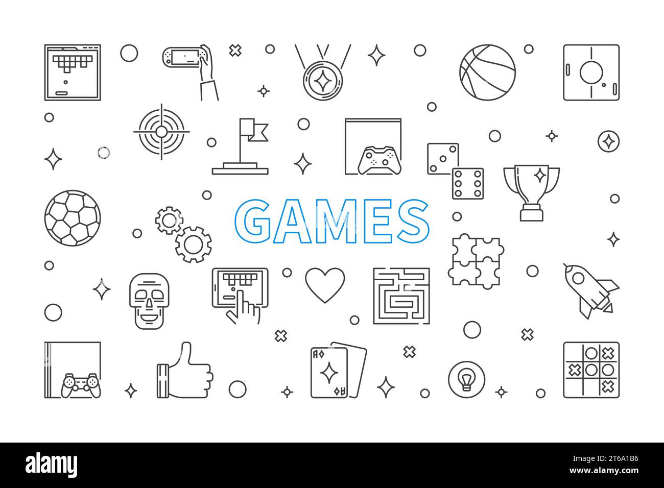 Games vector concept outline horizontal illustration on white ...