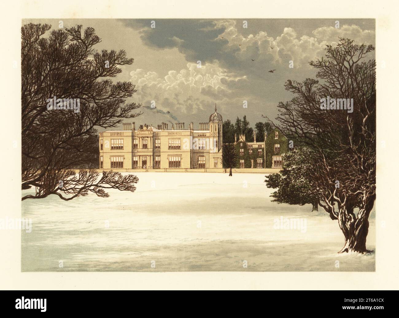 Winter scene with Eshton Hall, Yorkshire, England. Elizabethan-revival ...