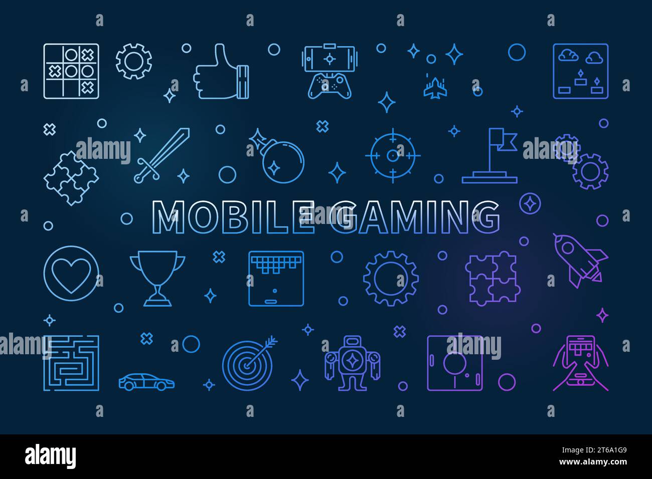 Mobile Gaming vector concept colorful outline illustration on dark ...