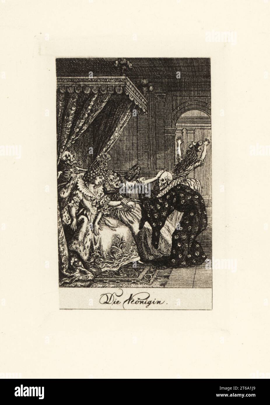 Two skeletons of Death come for a queen on her throne. One skeleton ...