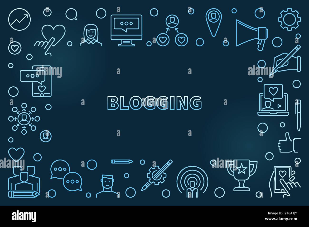 Blogging vector concept blue thin line illustration or frame on dark ...