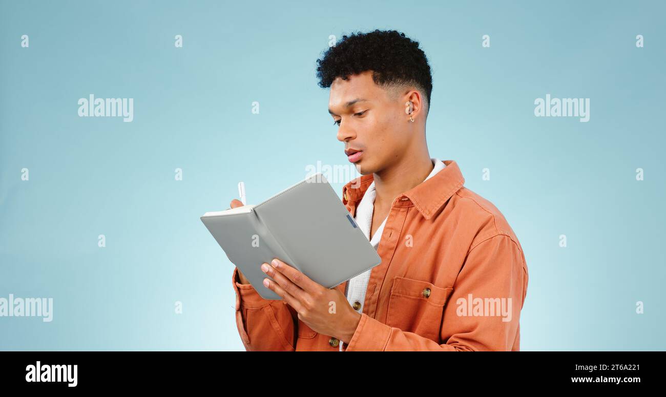 Thinking, notebook and writing with man, planning and ideas with ...