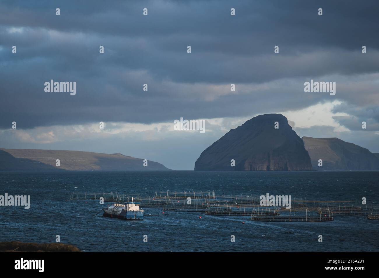A ship in the salmon farm, fish farming industry Faroe Islands ...
