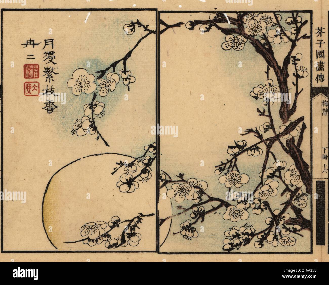 Branches of white plum blossom against a full moon. With calligraphy ...