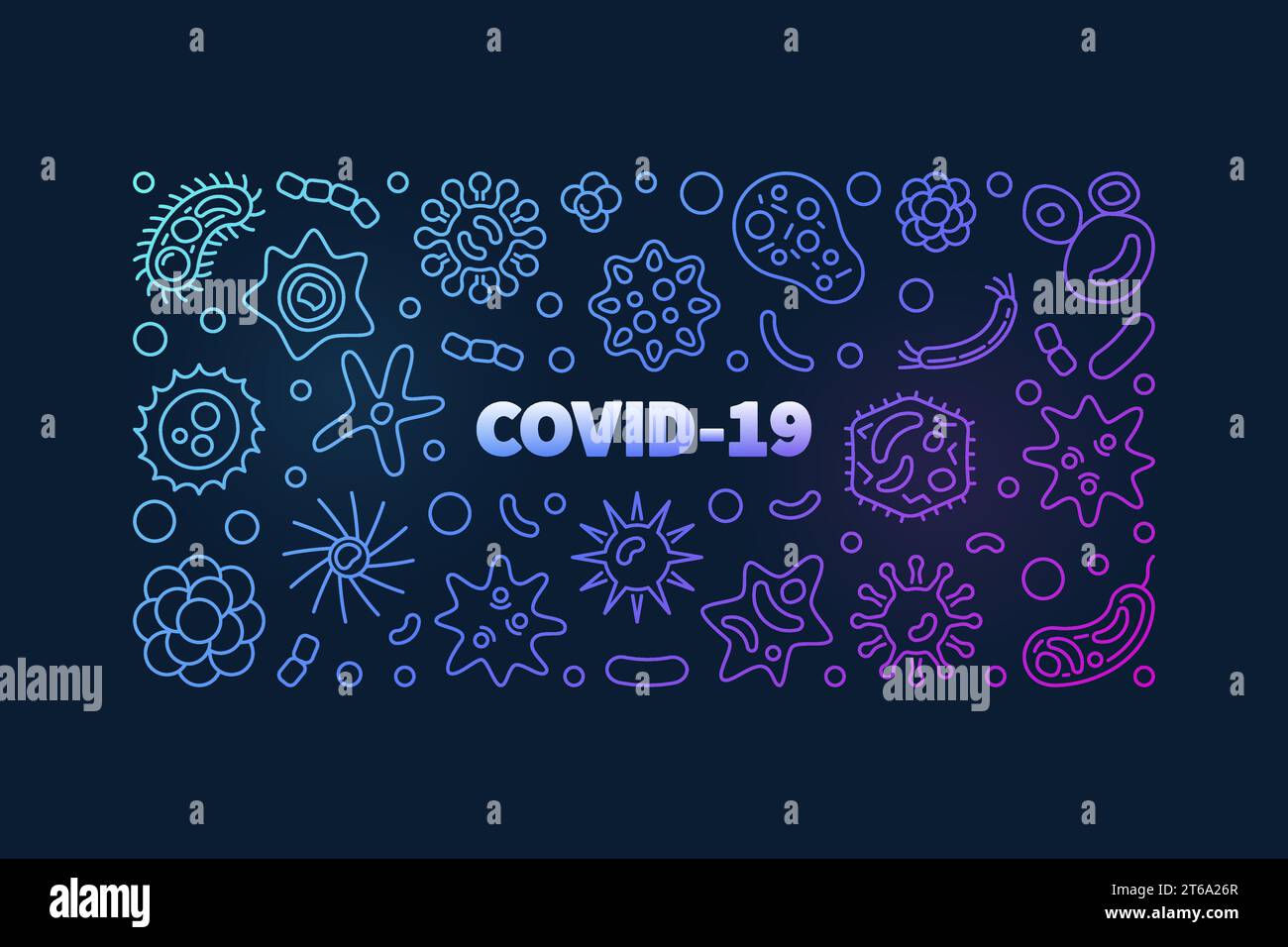 COVID-19 Coronavirus outline colored vector horizontal banner on dark ...