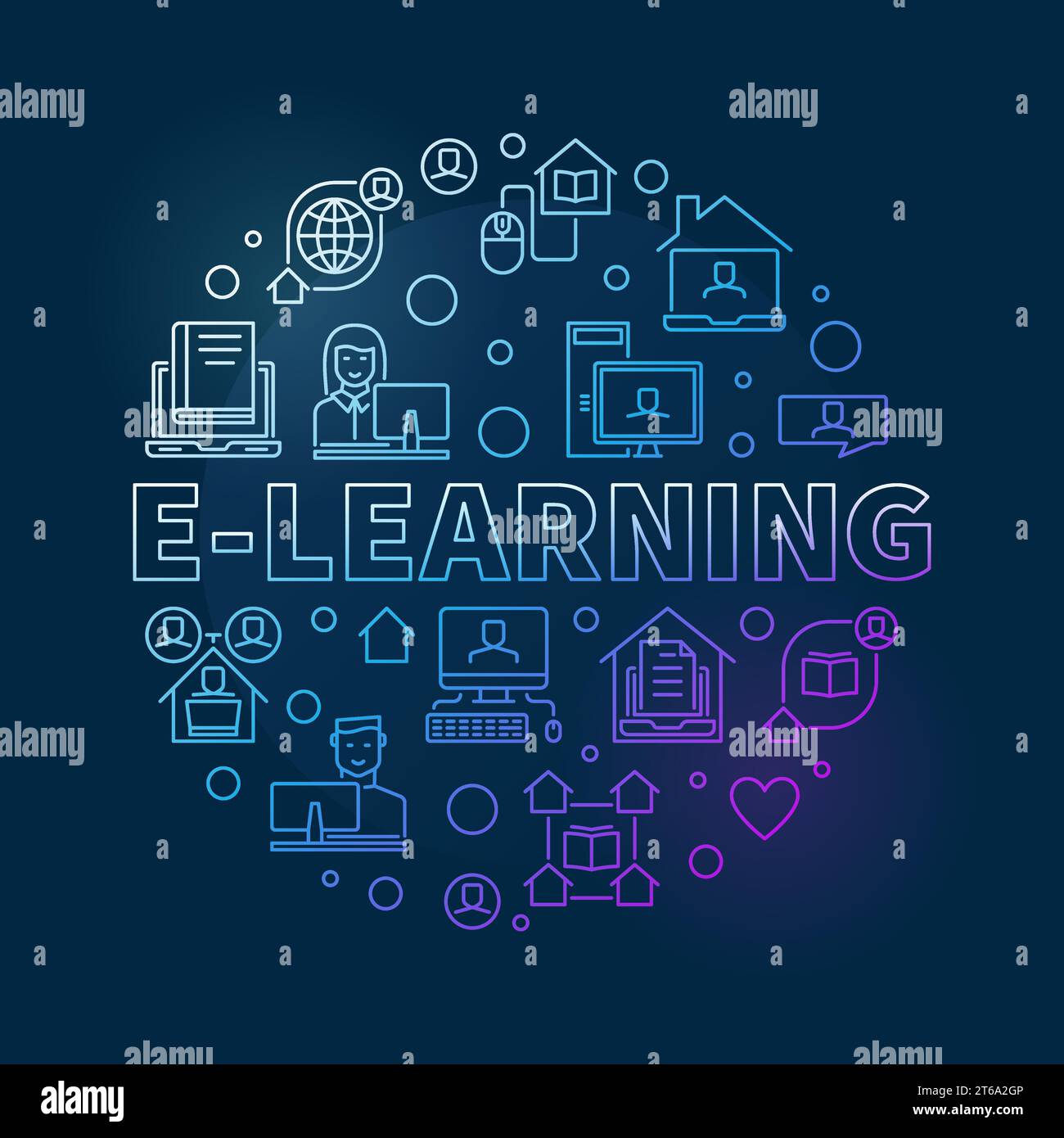 E-Learning vector concept linear colorful round illustration on dark ...