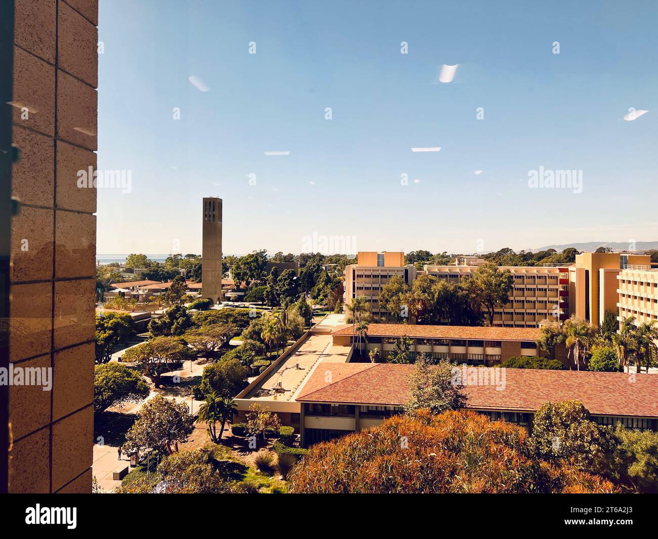 An aerial view of a college campus seen from a high-rise apartment ...