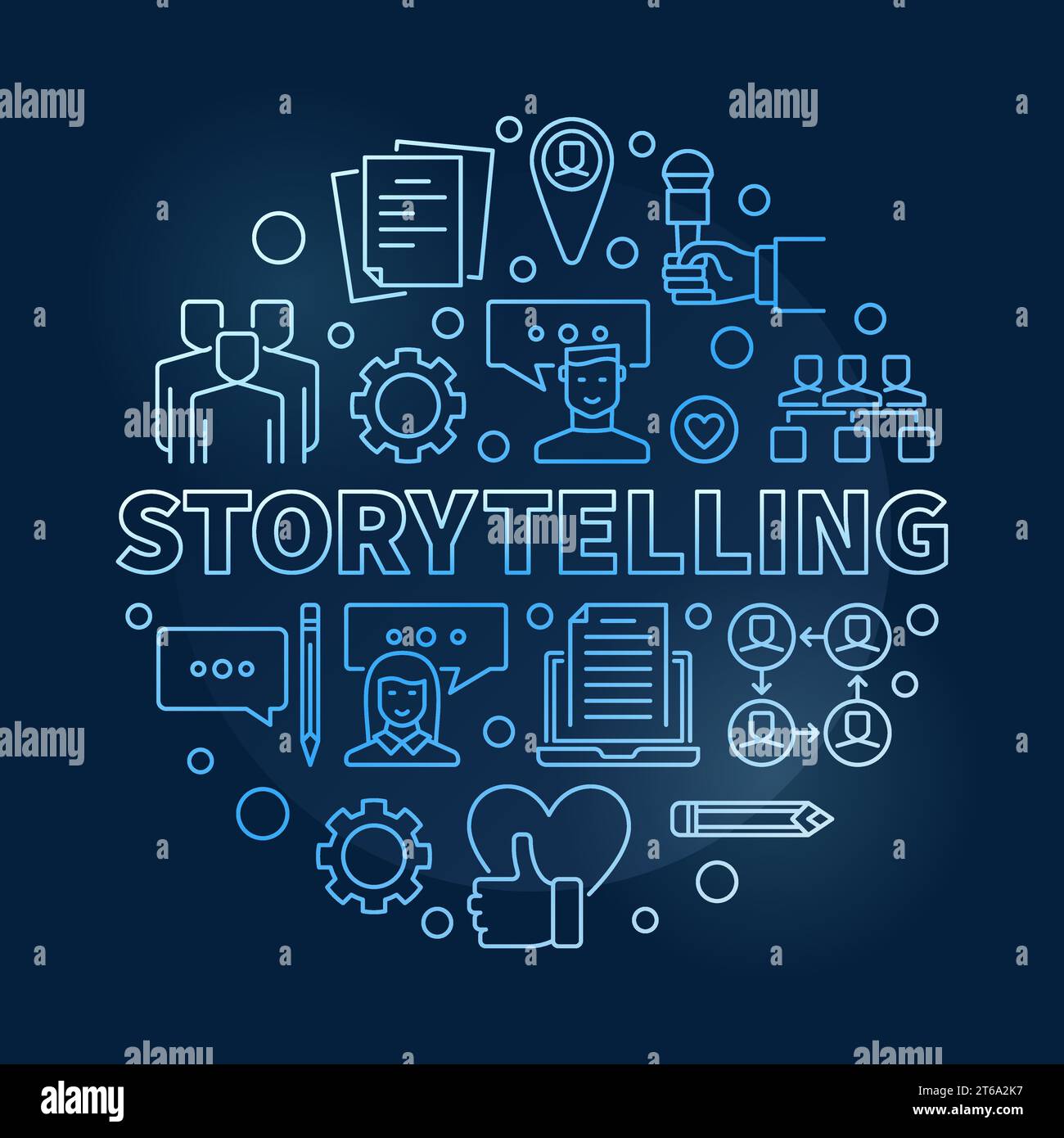 Storytelling vector circular concept outline blue illustration on dark ...