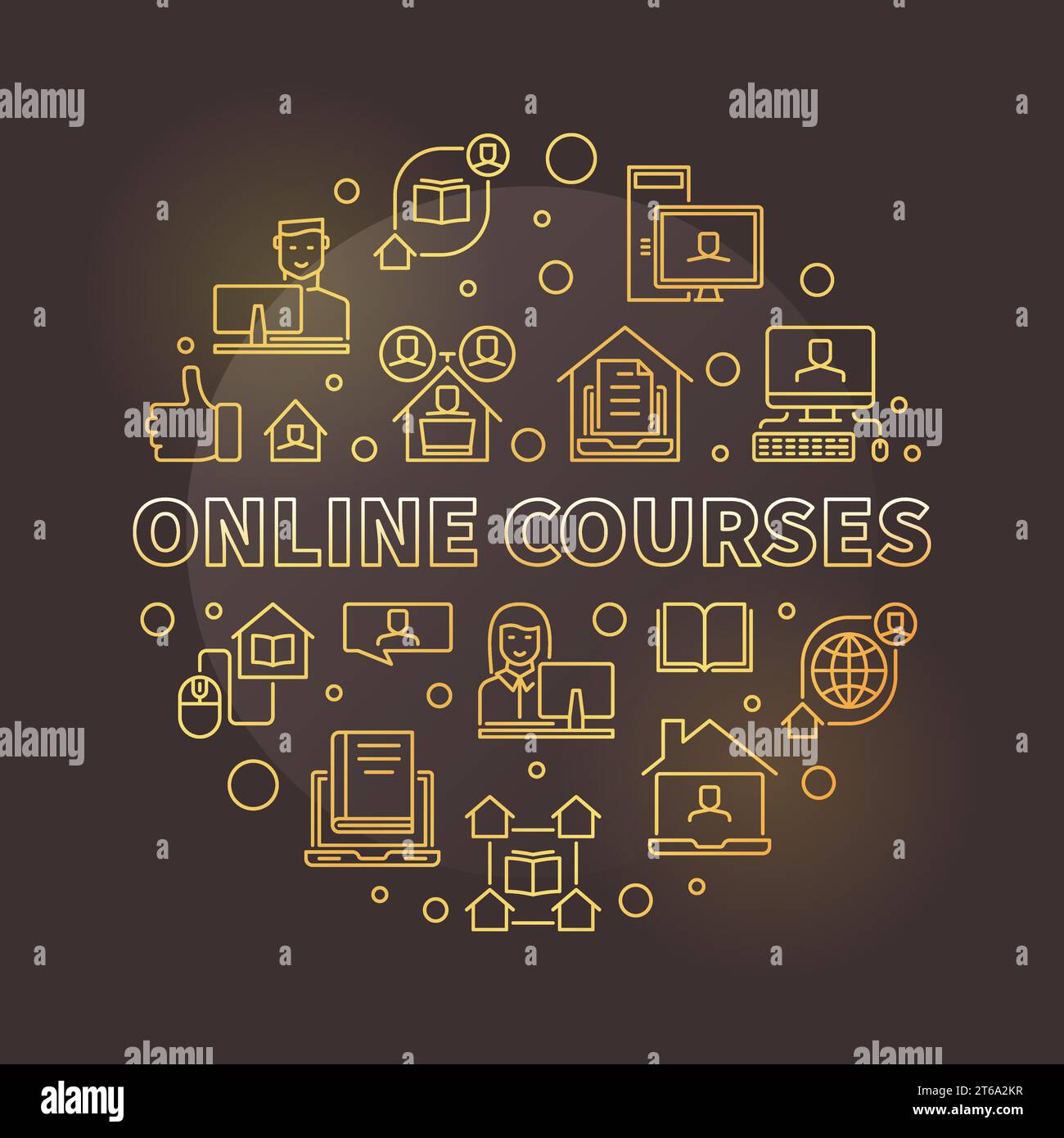 Vector Online Courses concept round golden linear illustration on dark ...