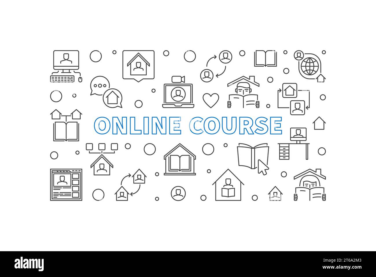 Online Course concept horizontal outline banner. Vector illustration ...