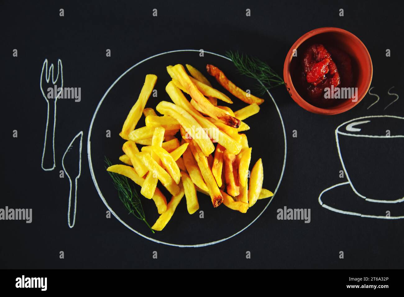 French fries with ketchup on a black background. The dishes are drawn ...