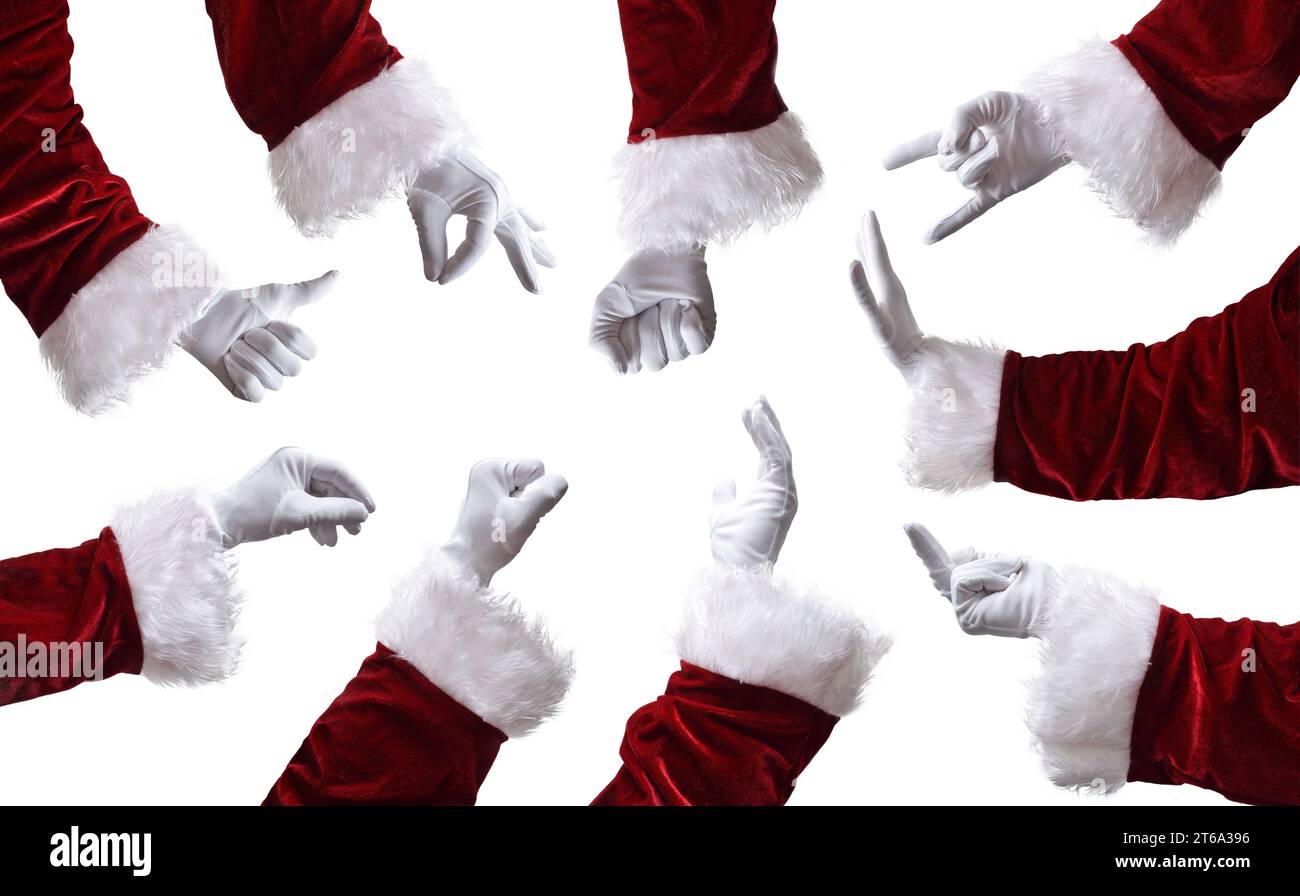 Detail of set of gestures with the arm of Santa Claus dressed in ...