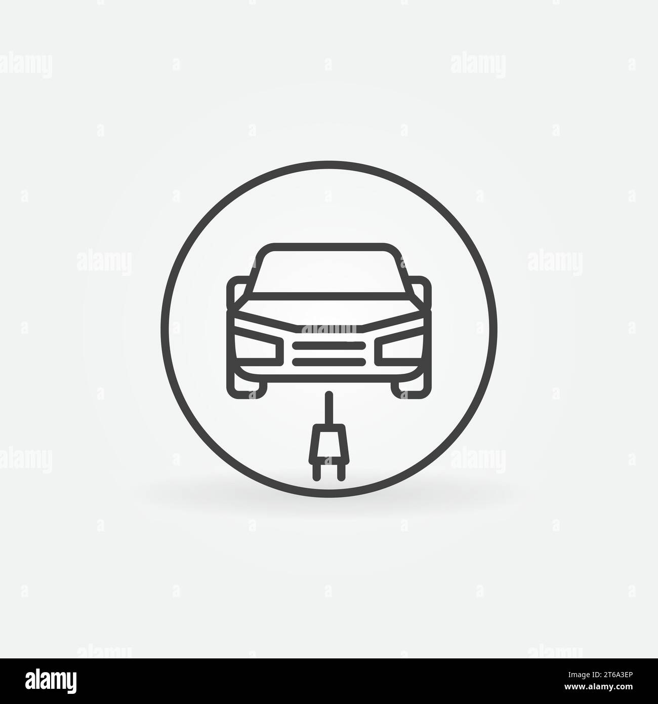 Electric Car with Plug linear vector concept round icon. Front view ...