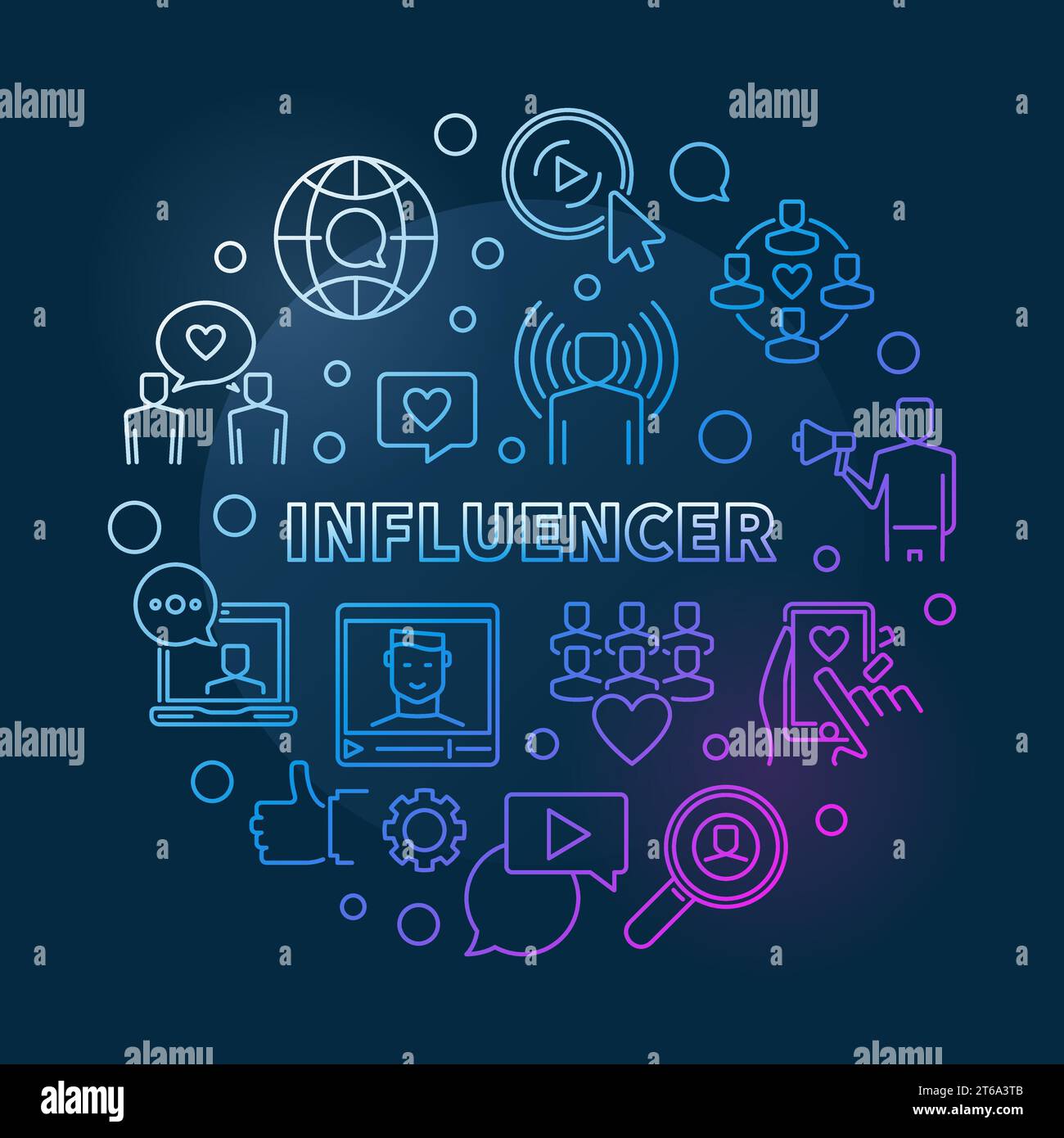 Influencer vector round concept colored outline illustration on dark ...