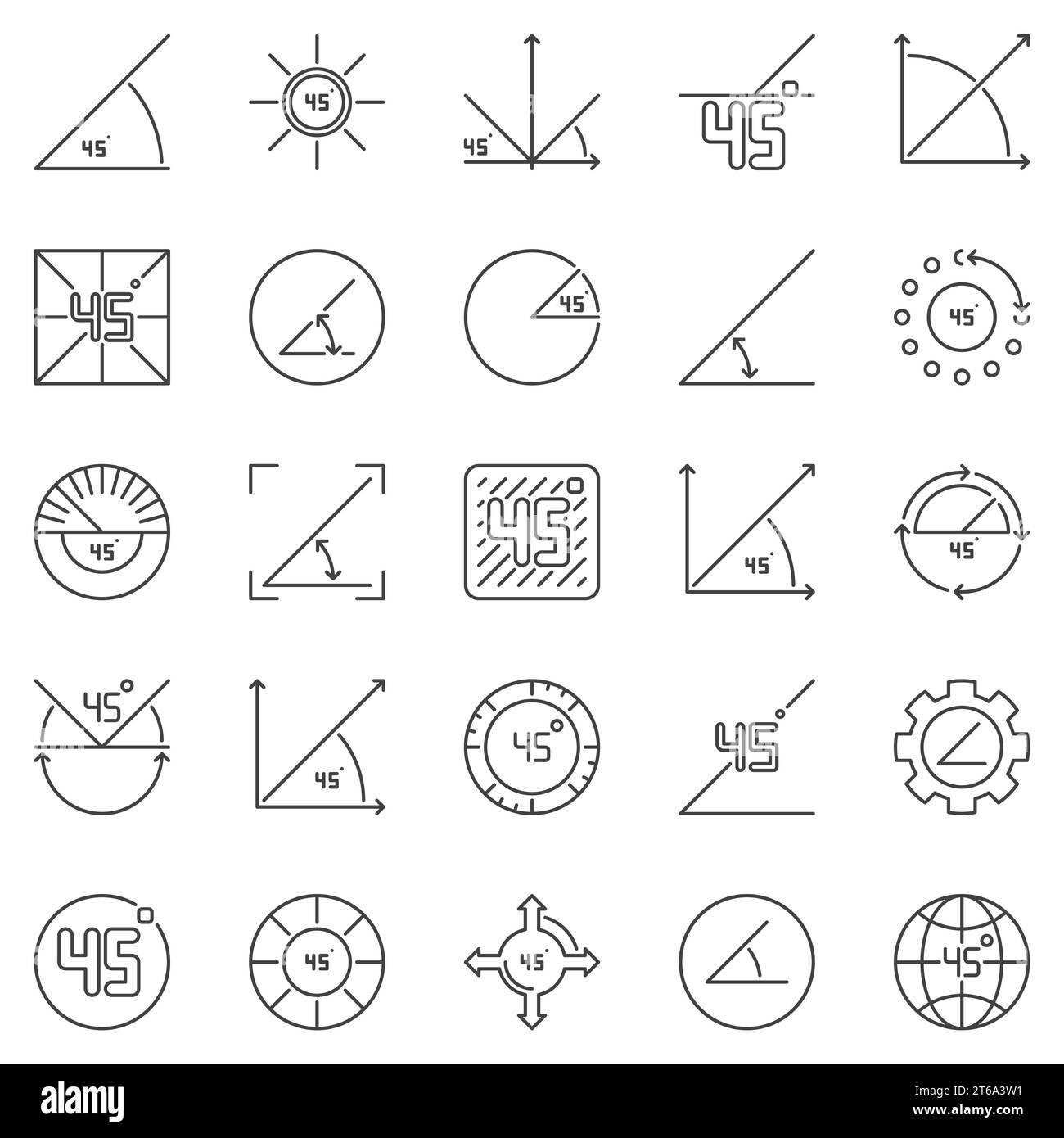 45 Degrees Angle outline icons set. Vector 45 degree concept linear ...
