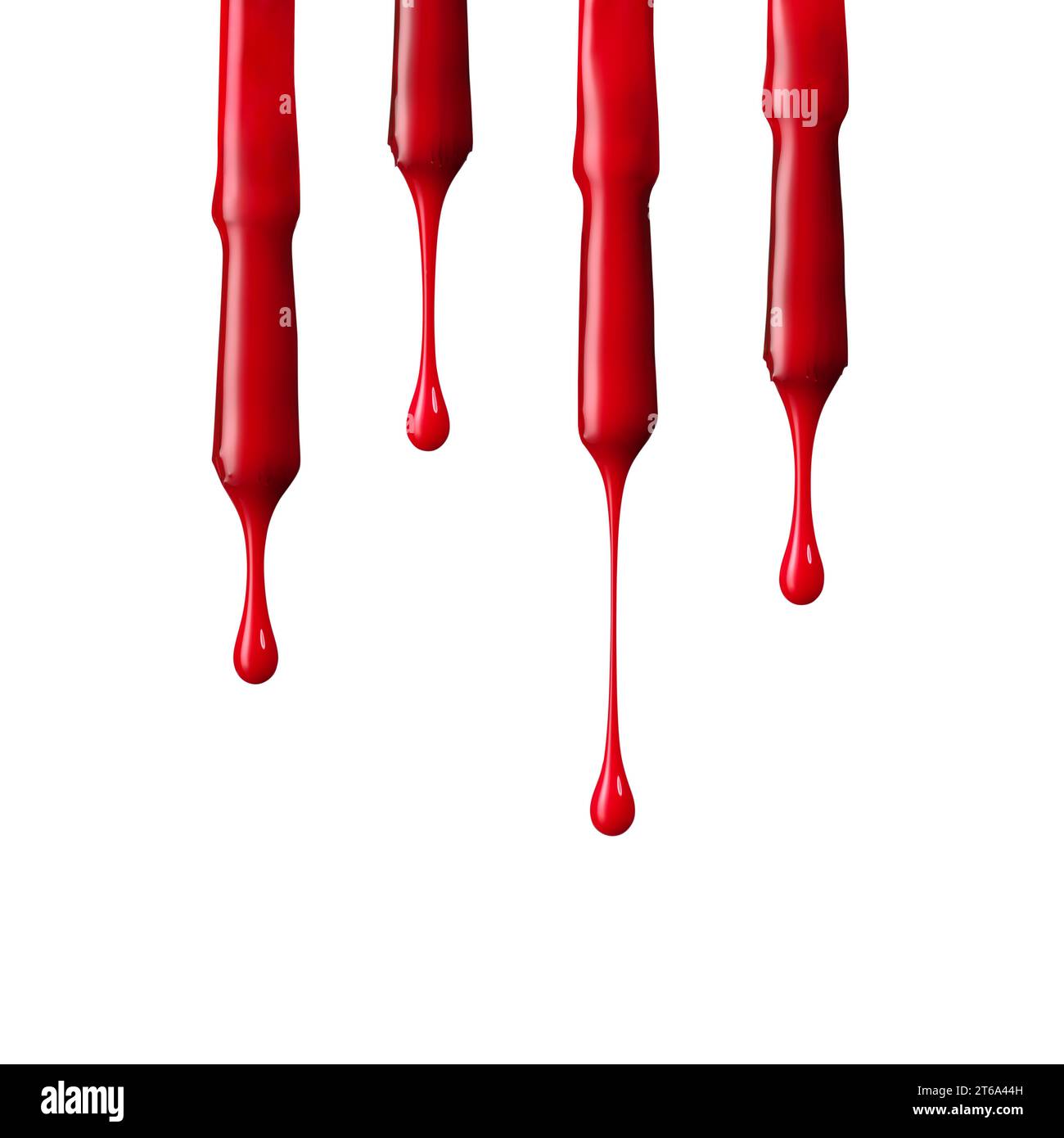 Red nail polish drops from brush, texture isolated on white background. Cosmetic product texture ...