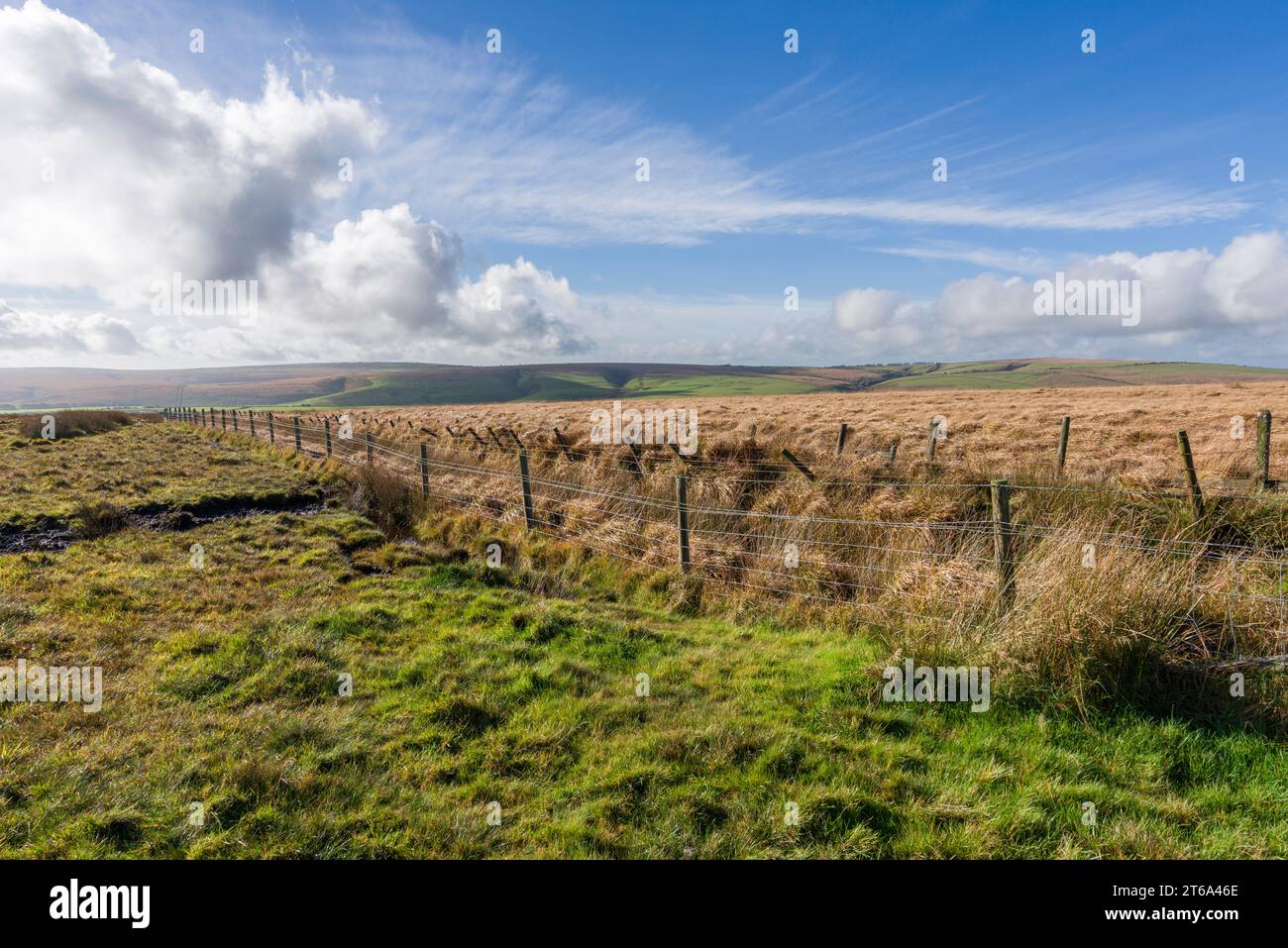 Wire fences along an old earth bank to keep in livestock on the south ...