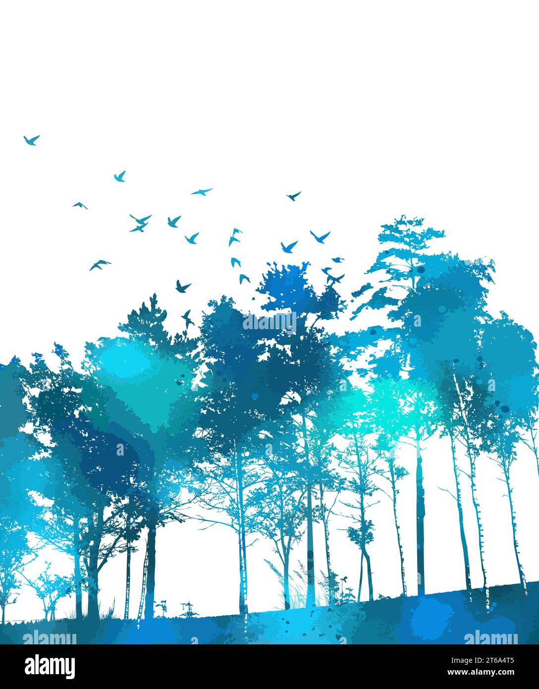 Blue forest landscape with birds. Watercolor trees. hand drawing. Not ...