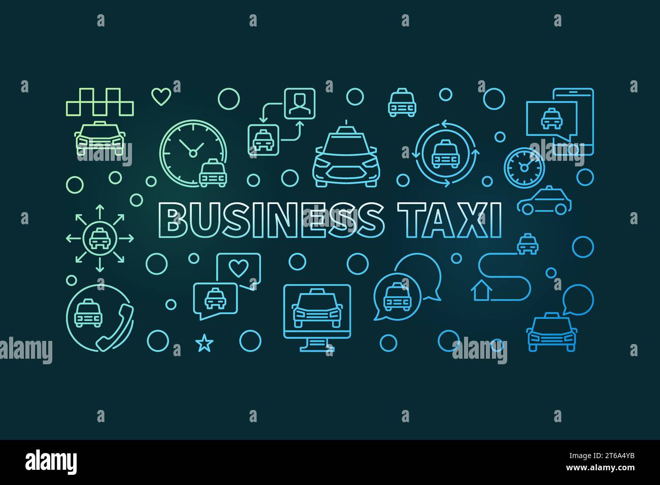 Business Taxi concept colored linear horizontal illustration on dark ...