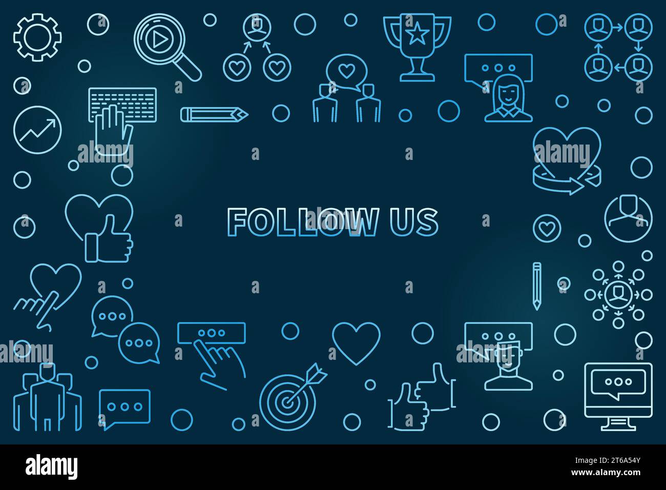 Follow US concept vector blue outline horizontal frame or illustration ...