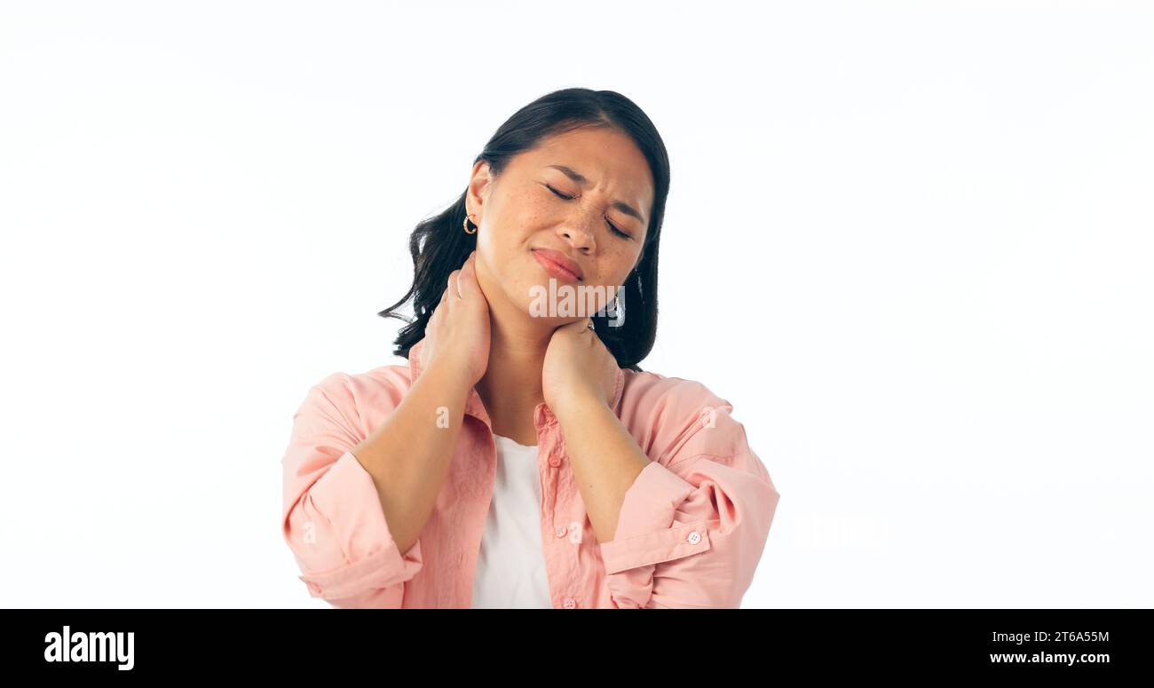 Neck pain, stress and woman in studio with anxiety, problem or burnout ...