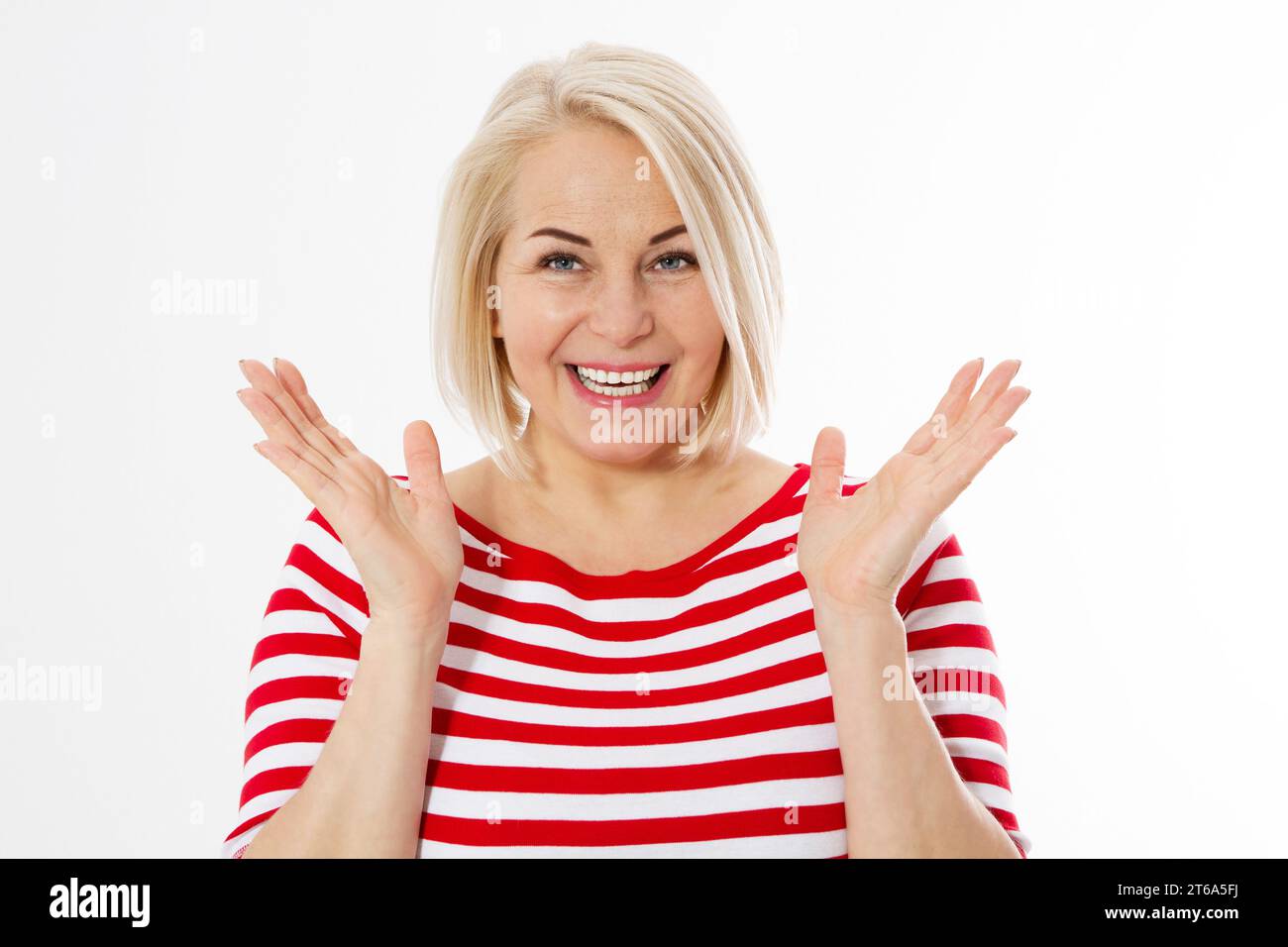 Beautiful charming woman on a white background close up portrait. Happy ...
