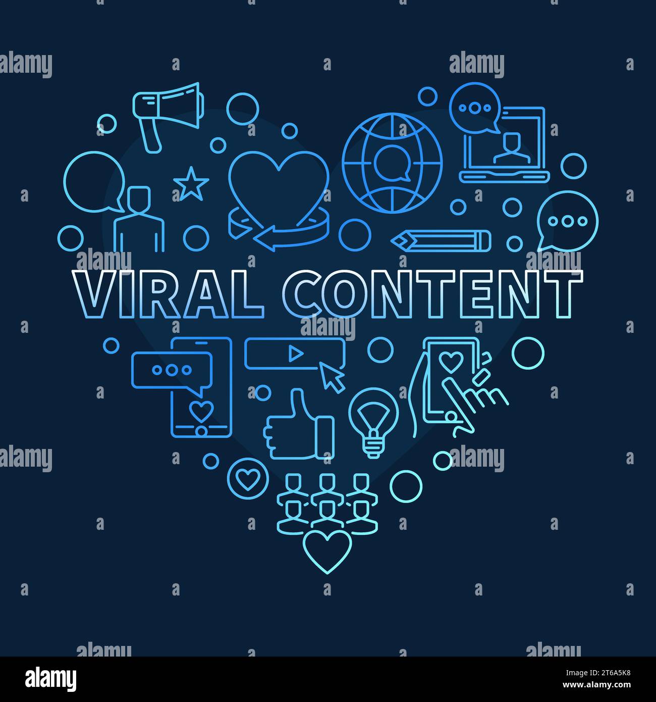Viral Content Heart vector blue concept linear illustration on dark ...