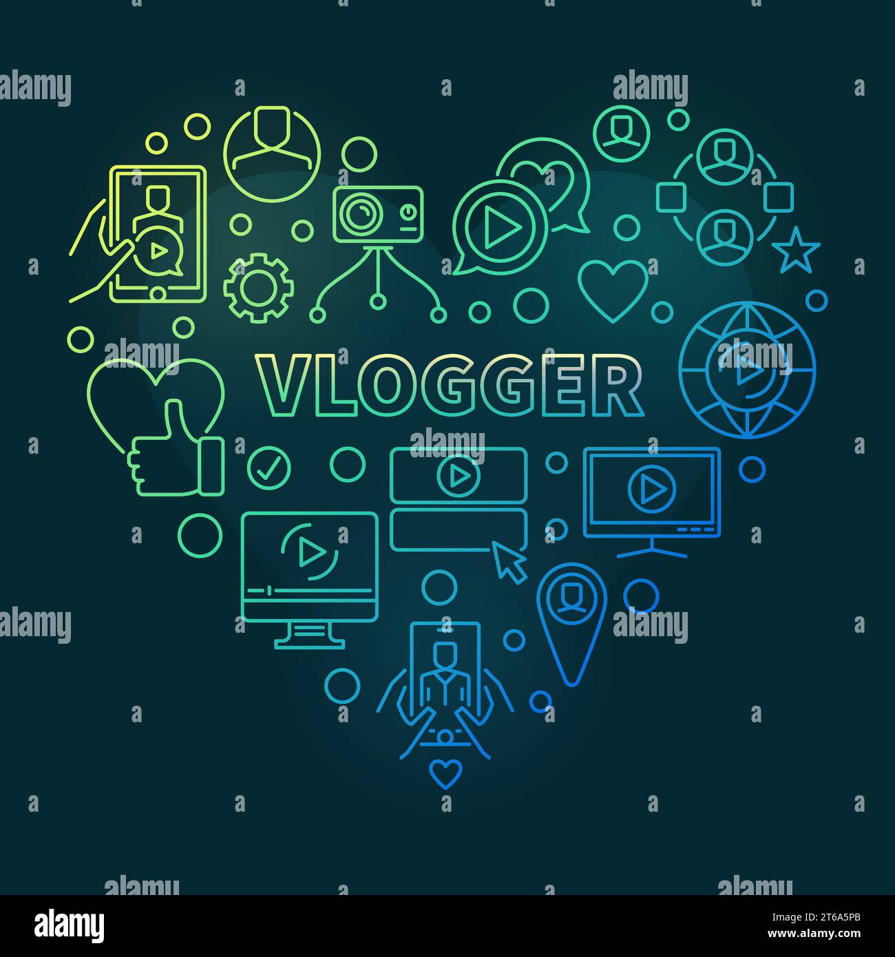 Vlogger Heart vector colorful outline illustration on dark background ...