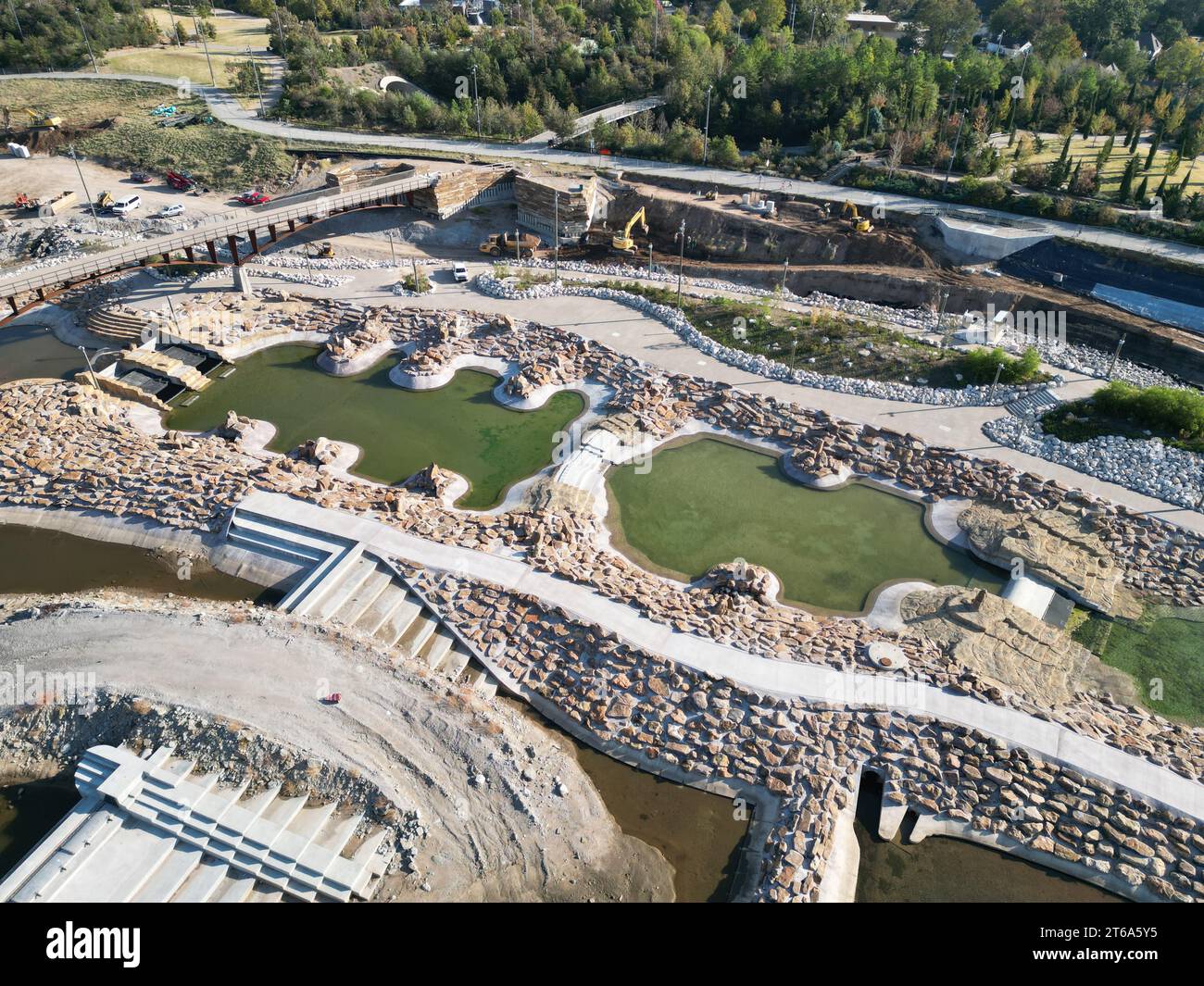 An aerial view of a kayak park being built in Tulsa next to the ...